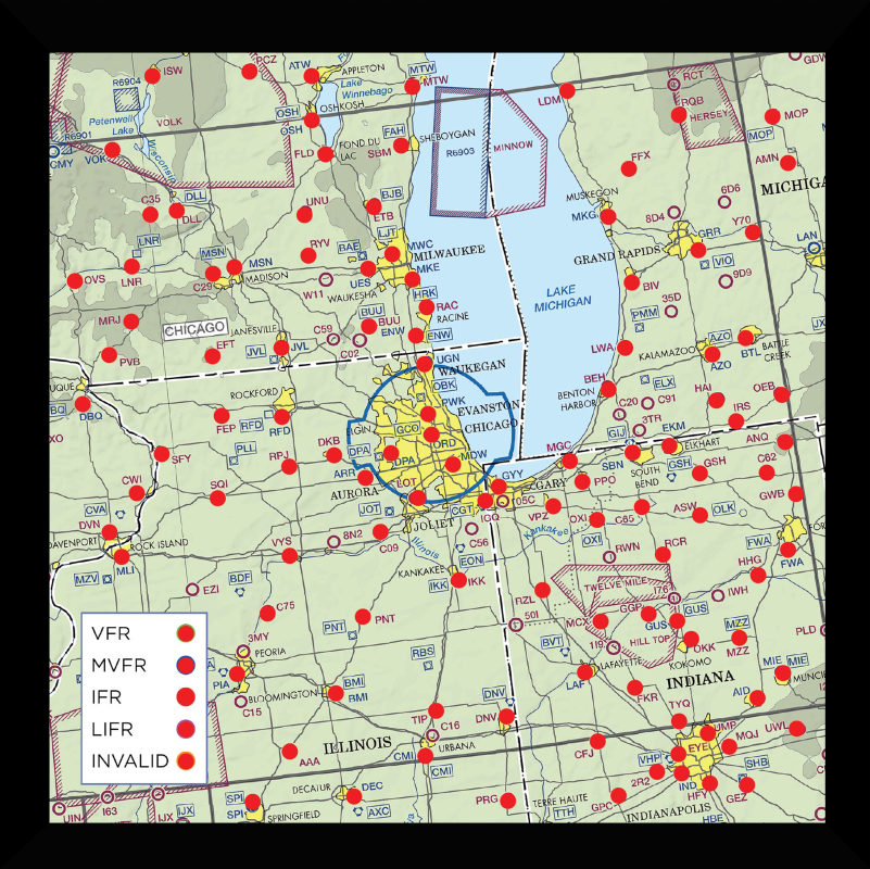 Chicago Area Map with 117 LEDs 6x6 inch | pilotMap